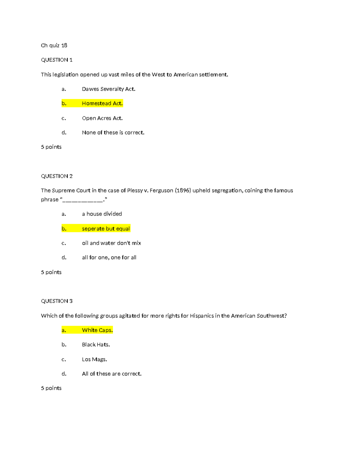 Ch 18 Quiz Q A - American History 1877-Present - Ch quiz 18 QUESTION 1 ...