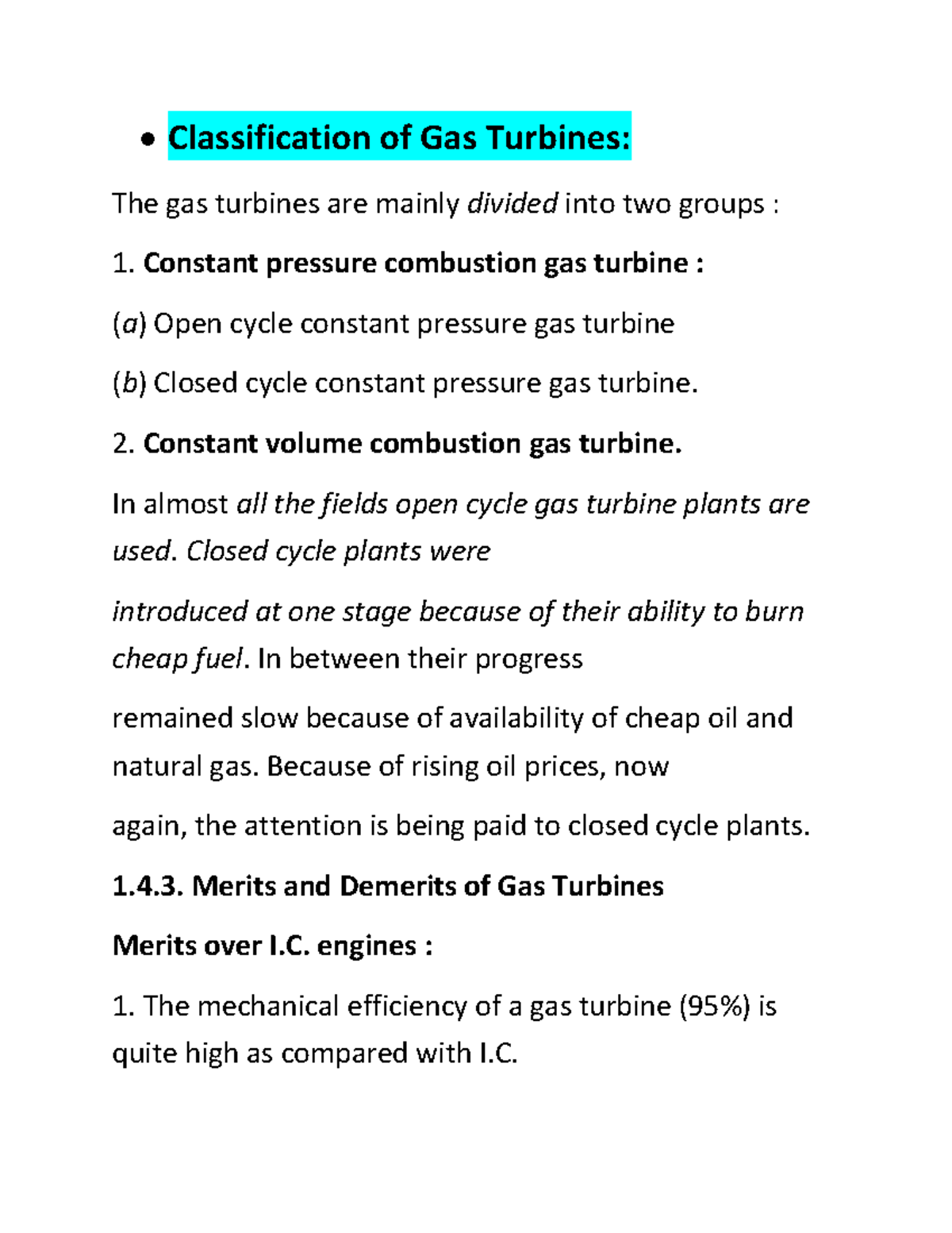Classification of Gas Turbines - Constant volume combustion gas turbine ...