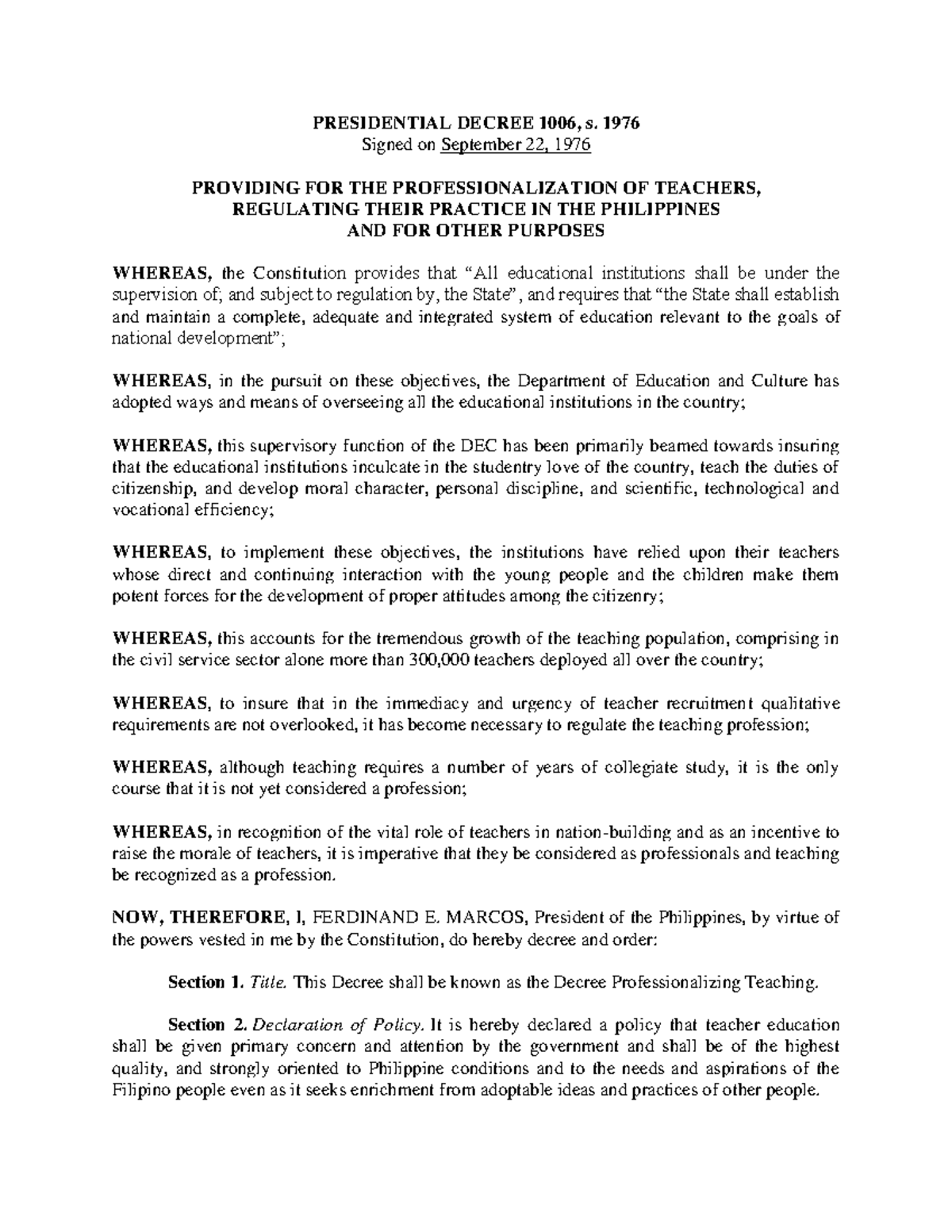 Presidential- Decree-1006 - PRESIDENTIAL DECREE 1006, s. 1976 Signed on ...