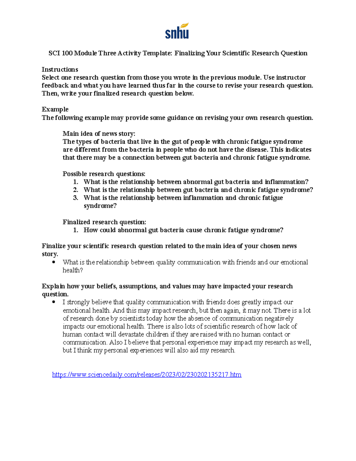 SCI 100 Module Three Activity Template - Use instructor feedback and ...