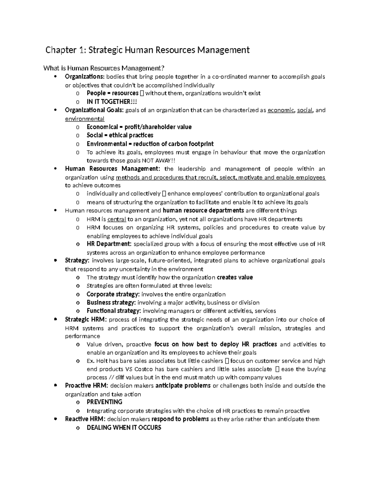 Human resources notes-1 - Chapter 1: Strategic Human Resources ...