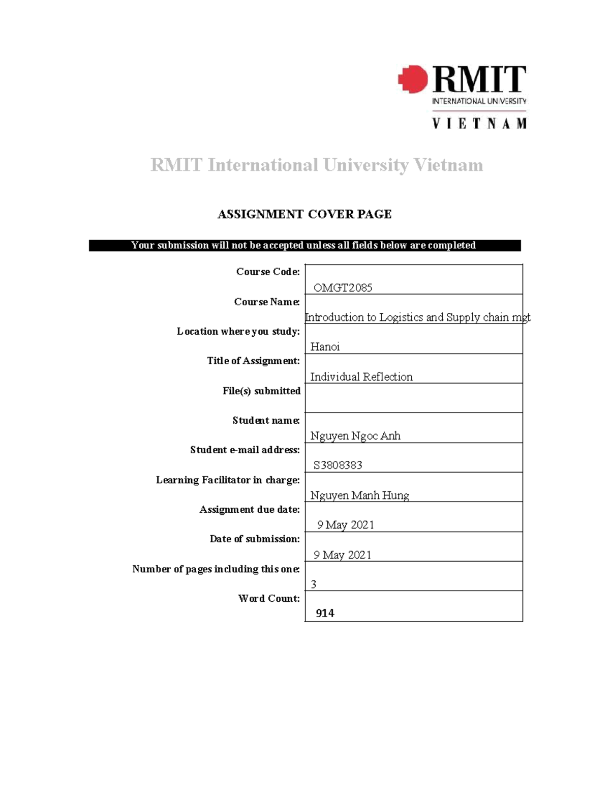 Assignment 3 Reflection sem B 2020 - RMIT International University ...