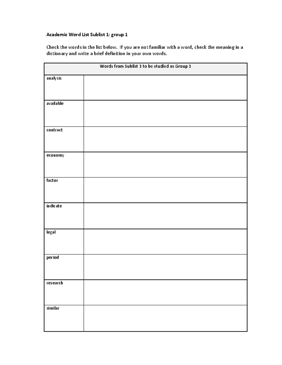 044 AWL Sub-List 1 (Activity sheets) - Academic Word List Sublist 1 ...