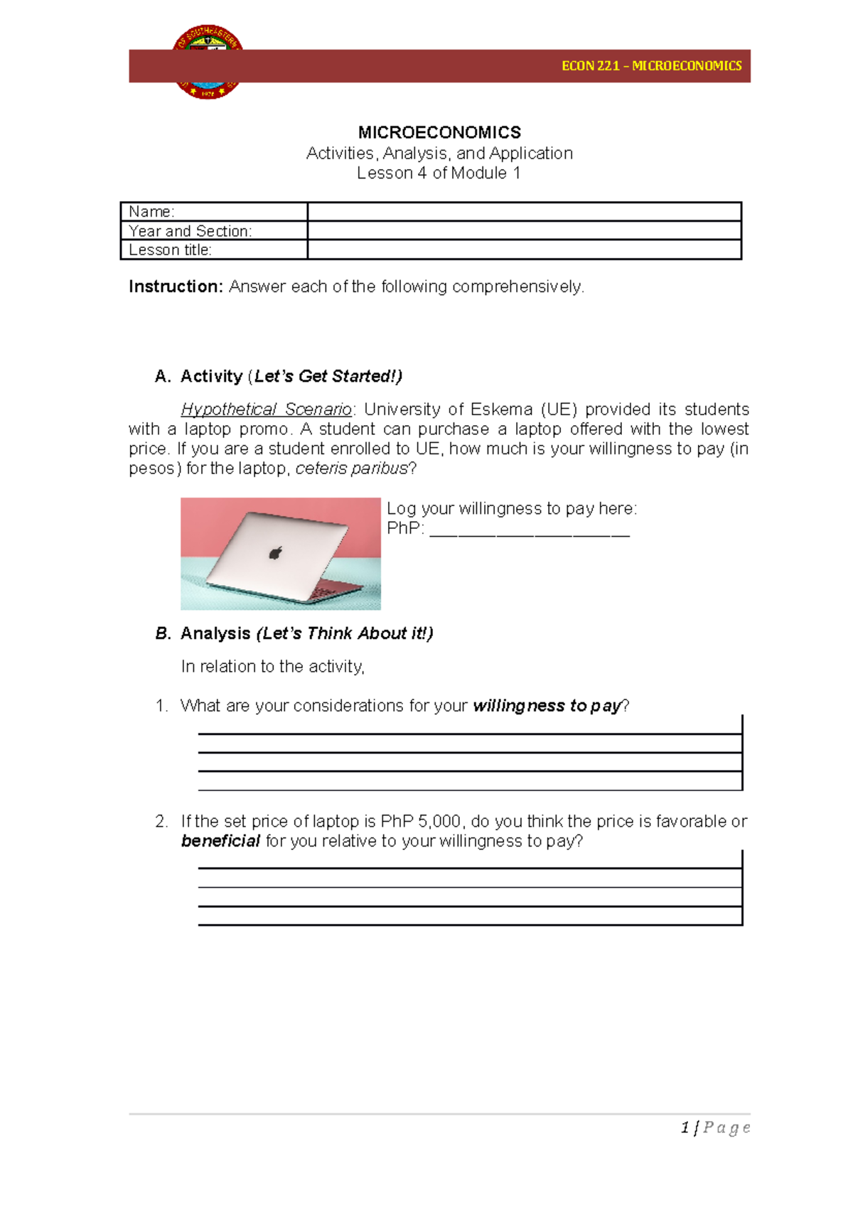 M1 M Lesson 4 Activities analysis Application - ECON 221 ...