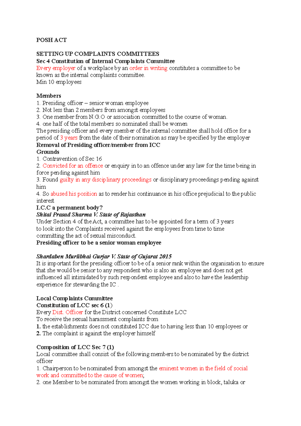 POSH ACT - lecture notes on posh act - POSH ACT SETTING UP COMPLAINTS ...