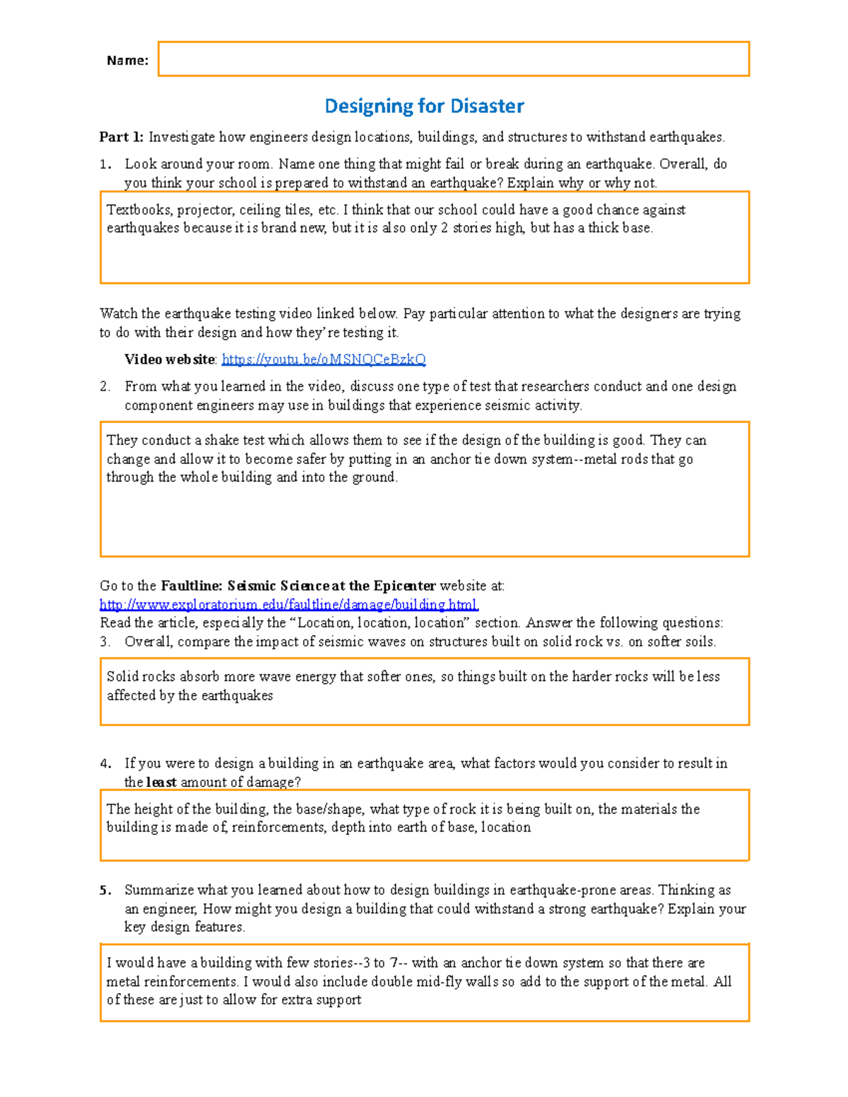 Designing for Disaster - Name: Designing for Disaster Part 1 ...