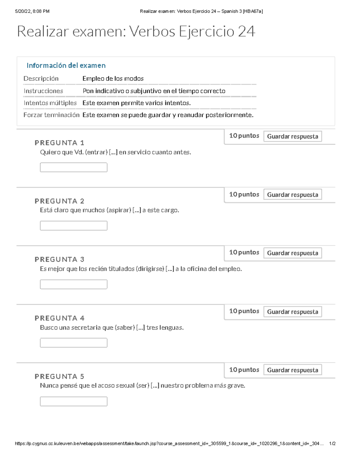 Realizar examen Verbos Ejercicio 24 – Spanish 3 [HBA67a] - 5/20/22, 8 ...