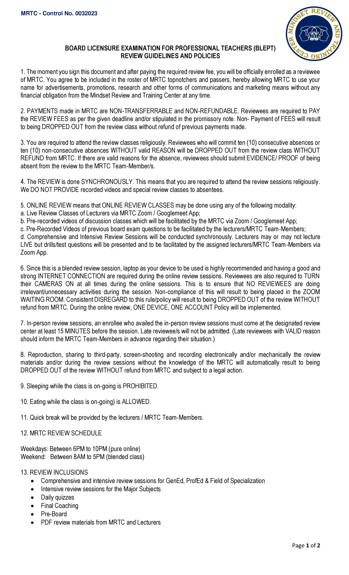 Review Guidelines AND Policies MRTC Control No - Page 1 of 2 MRTC ...