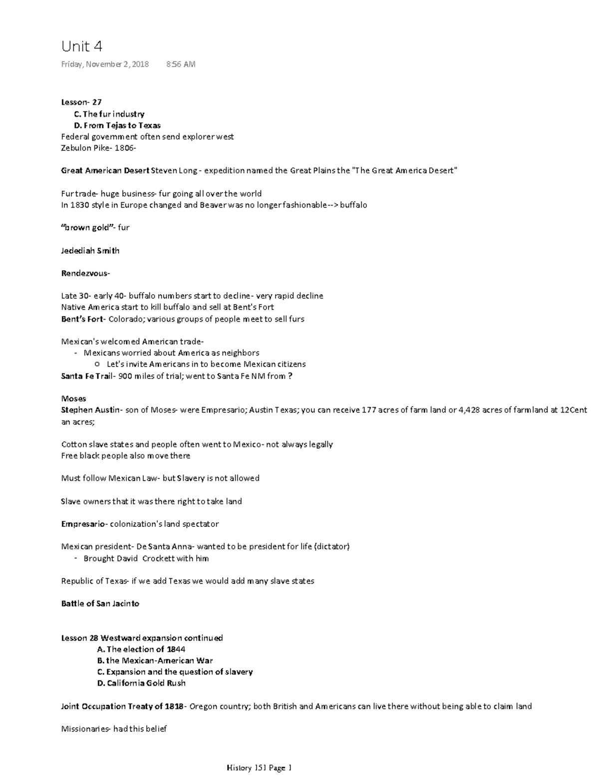 Unit 4 - Lecture notes 27-37 - Unit 4 Friday, November 2, 2018 8:56 AM ...