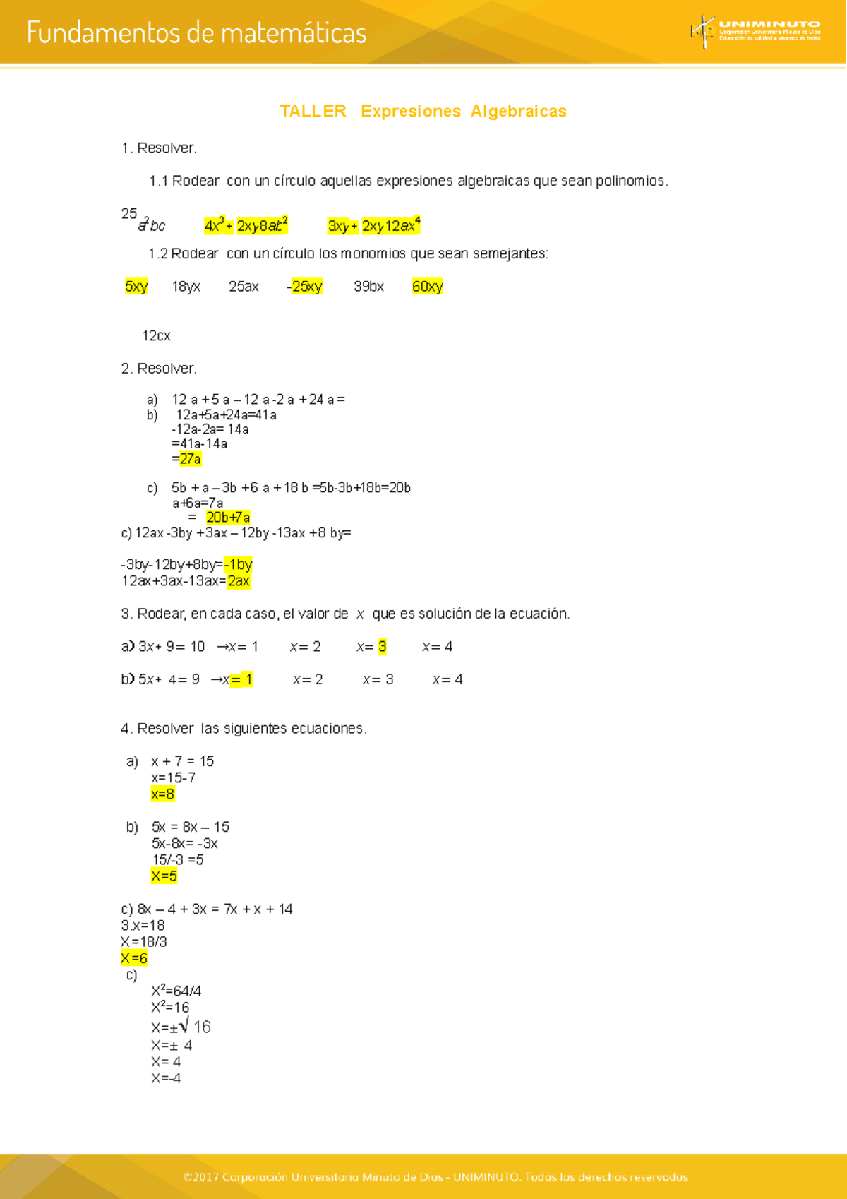 Taller De Expreciones Algebraicas Taller Expresiones Algebraicas 5750
