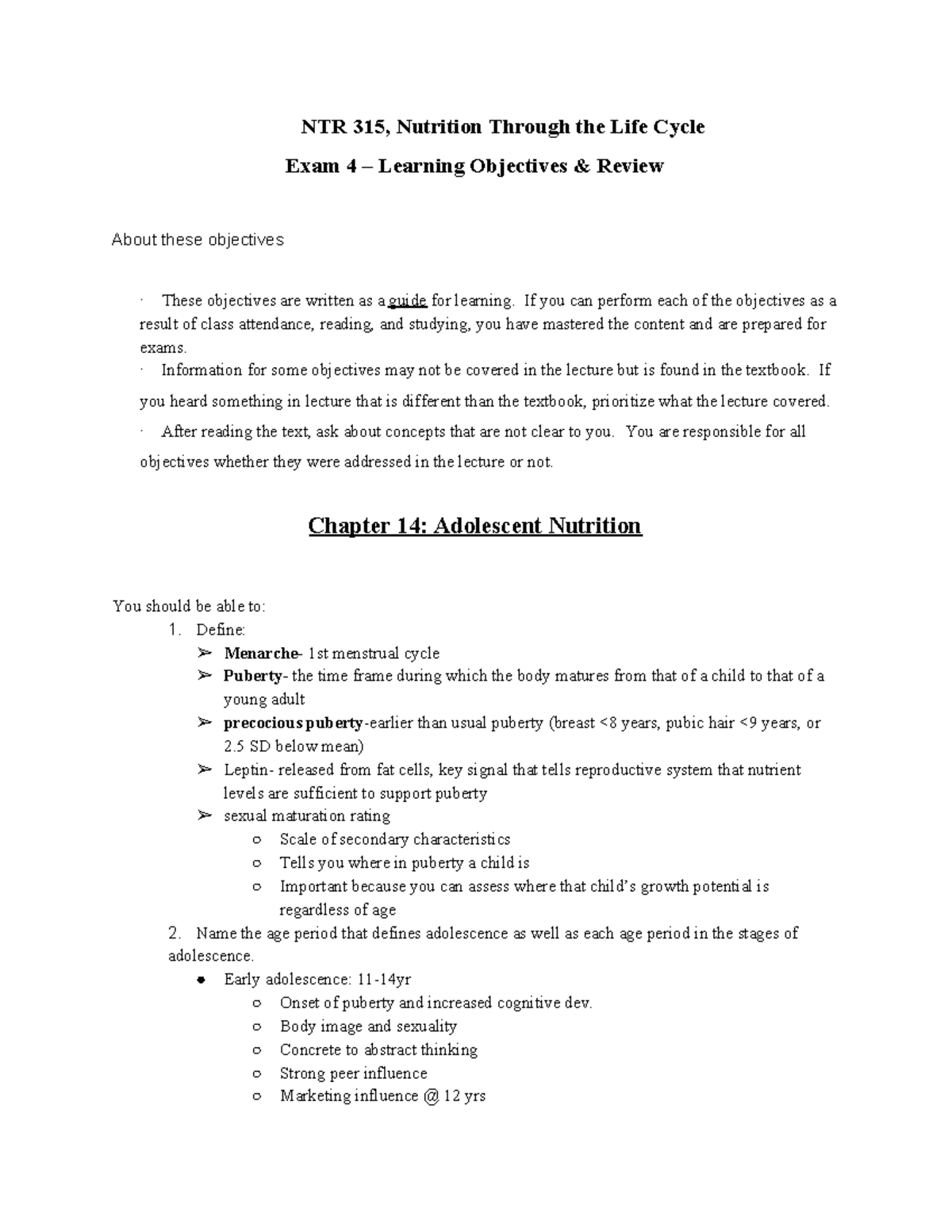 NTR 315 Exam 4 Study Guide - NTR 315, Nutrition Through the Life Cycle ...