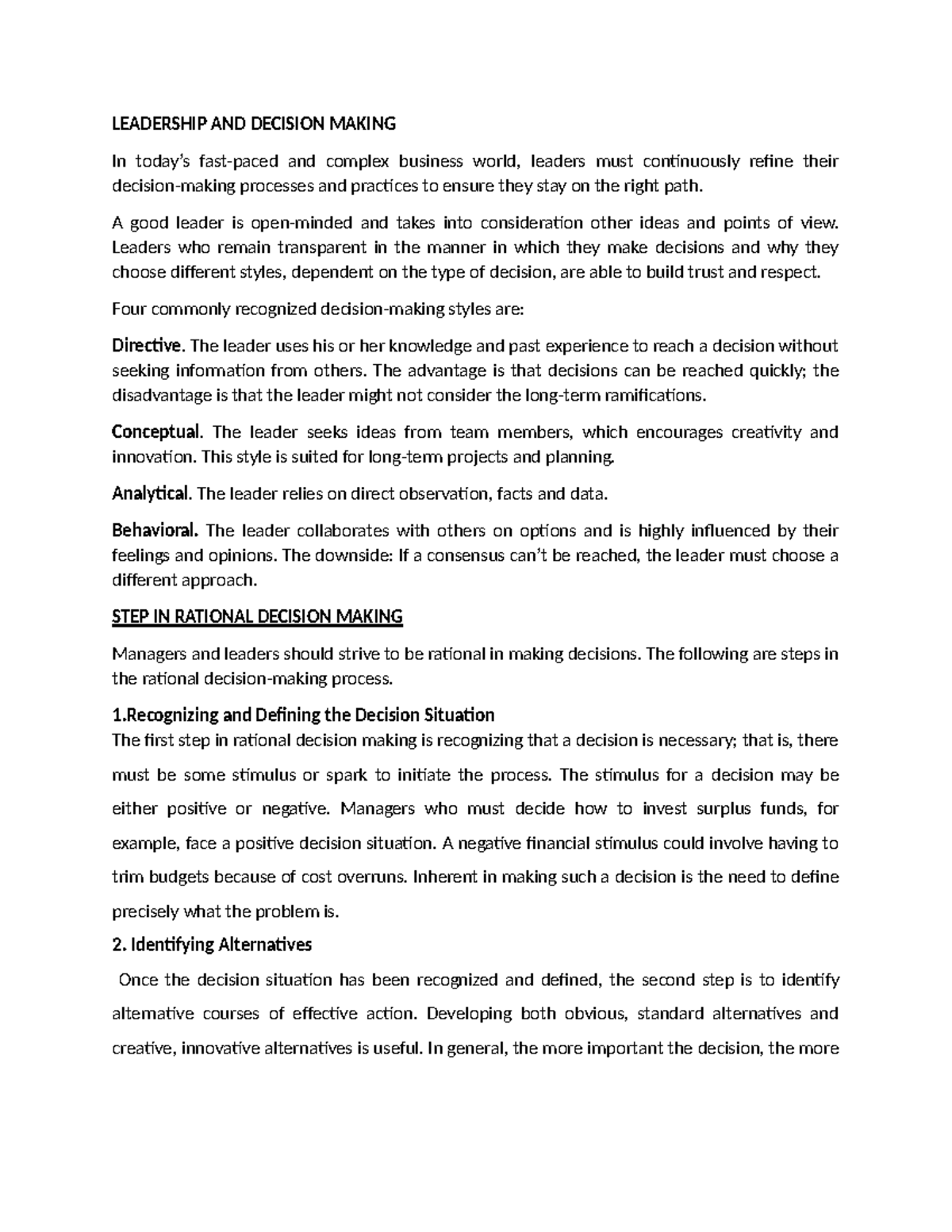 Leadership AND Decision Making - LEADERSHIP AND DECISION MAKING In ...