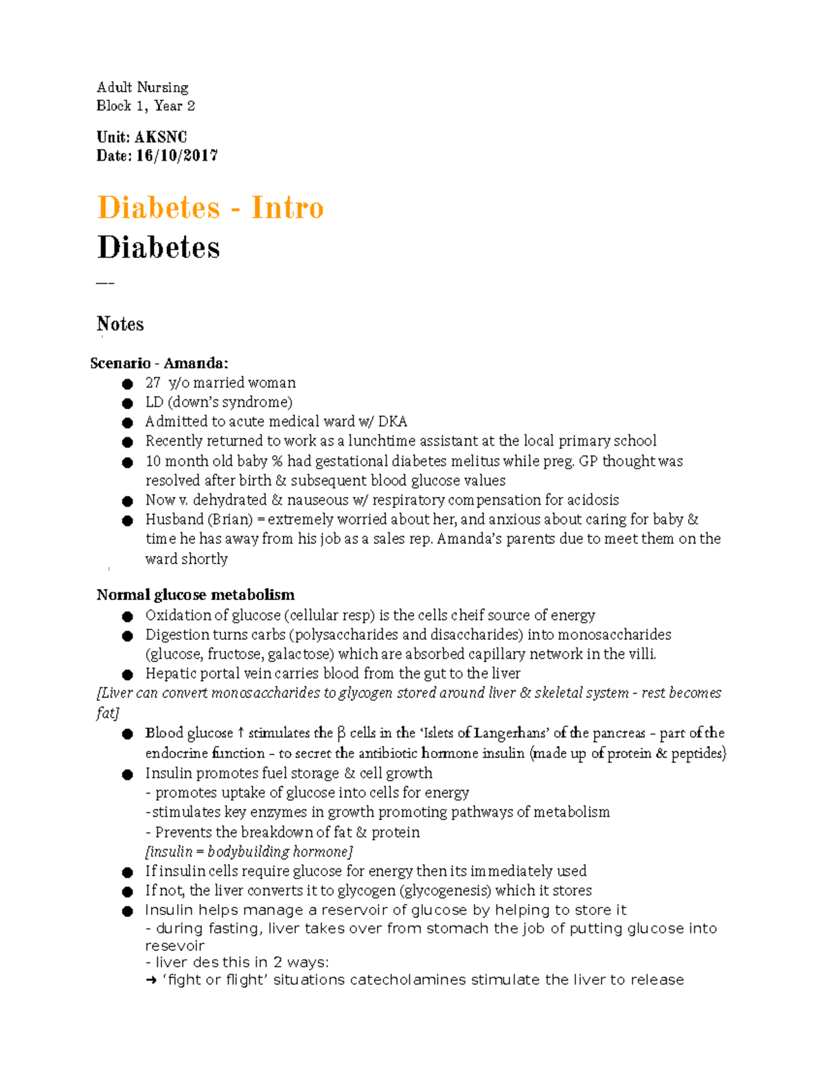 Diabetes info - summary of revision notes - Adult Nursing Block 1, Year ...