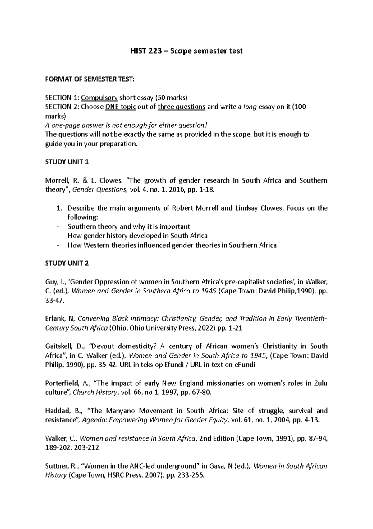 HIST 223 - Semester Test Scope - HIST 223 – Scope semester test FORMAT ...