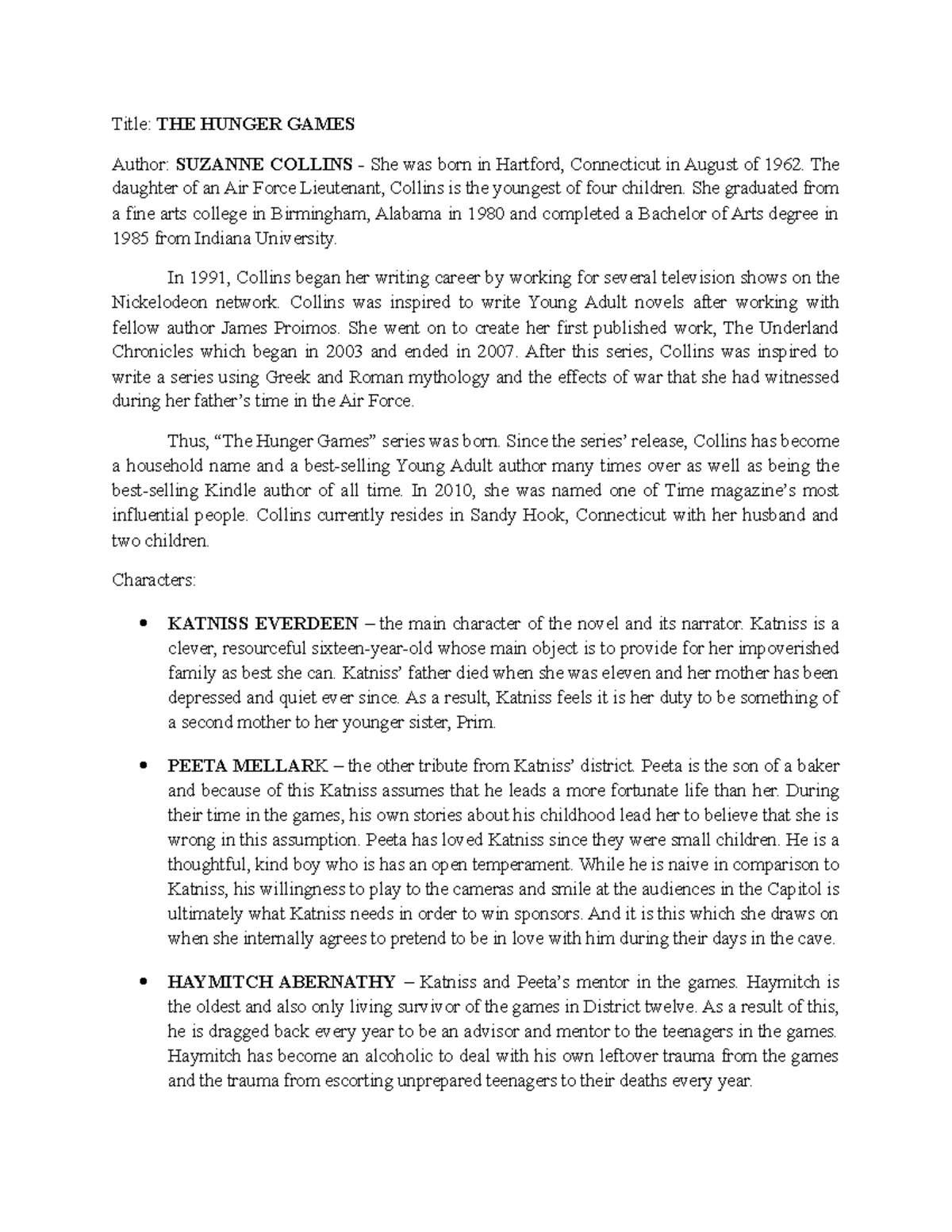 Book report - Title: THE HUNGER GAMES Author: SUZANNE COLLINS - She was ...