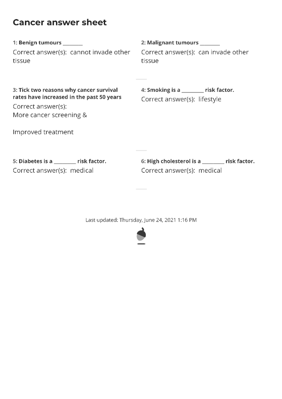 Cancer Exit Quiz Answers - Cancer answer sheet 1: Benign tumours 2 ...