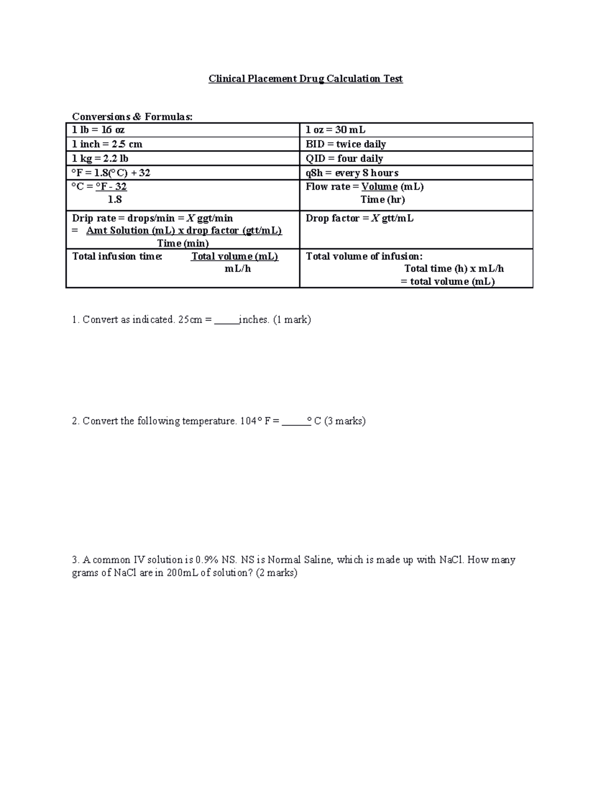 Test December 2018, questions - Clinical Placement Drug Calculation ...