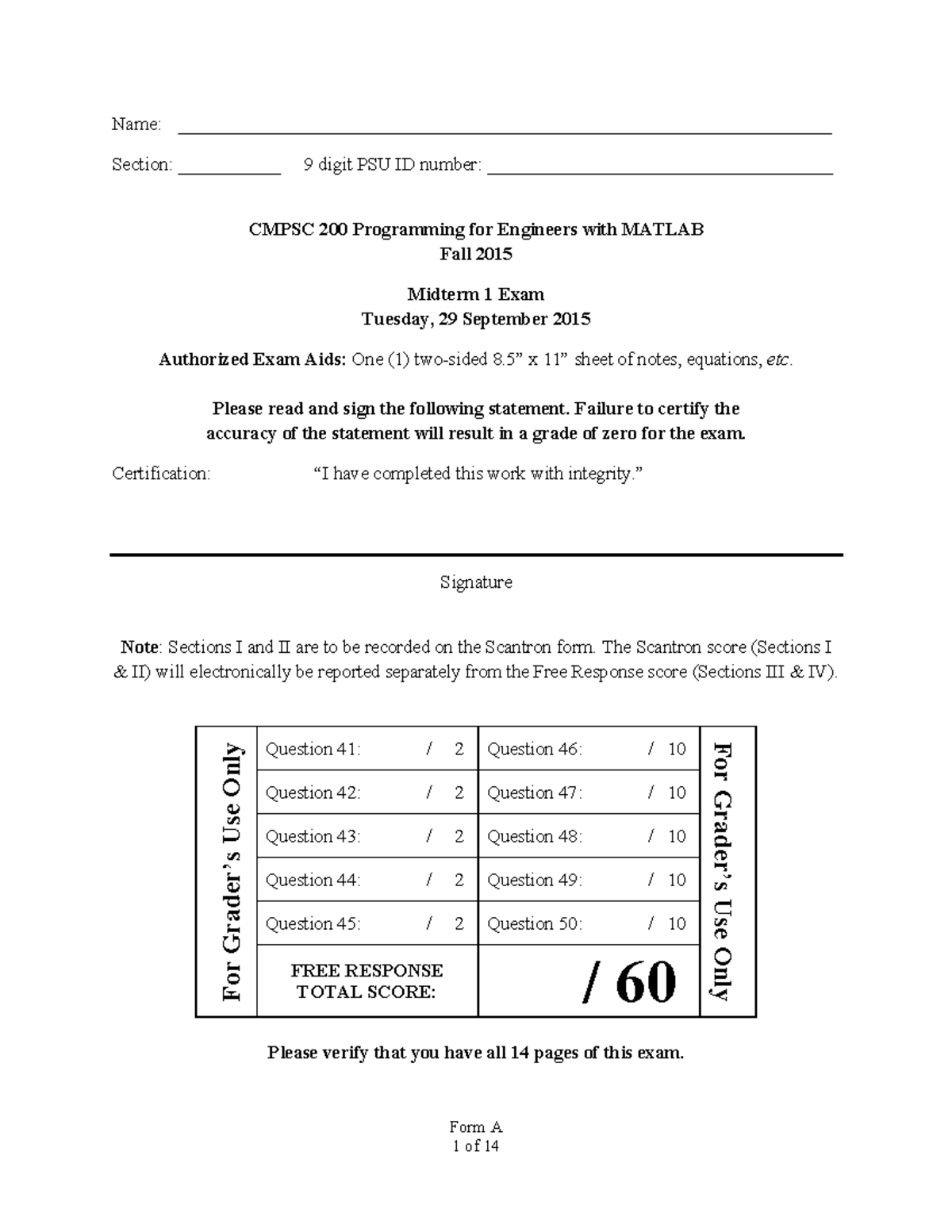 CMPSC 200 Midterm 1 Fall 2015 - Form A Name: - Studocu