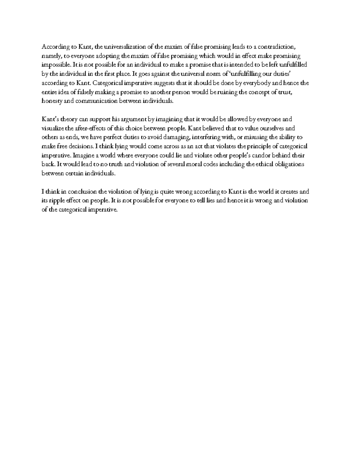 Response essay-Kant - According to Kant, the universalization of the ...