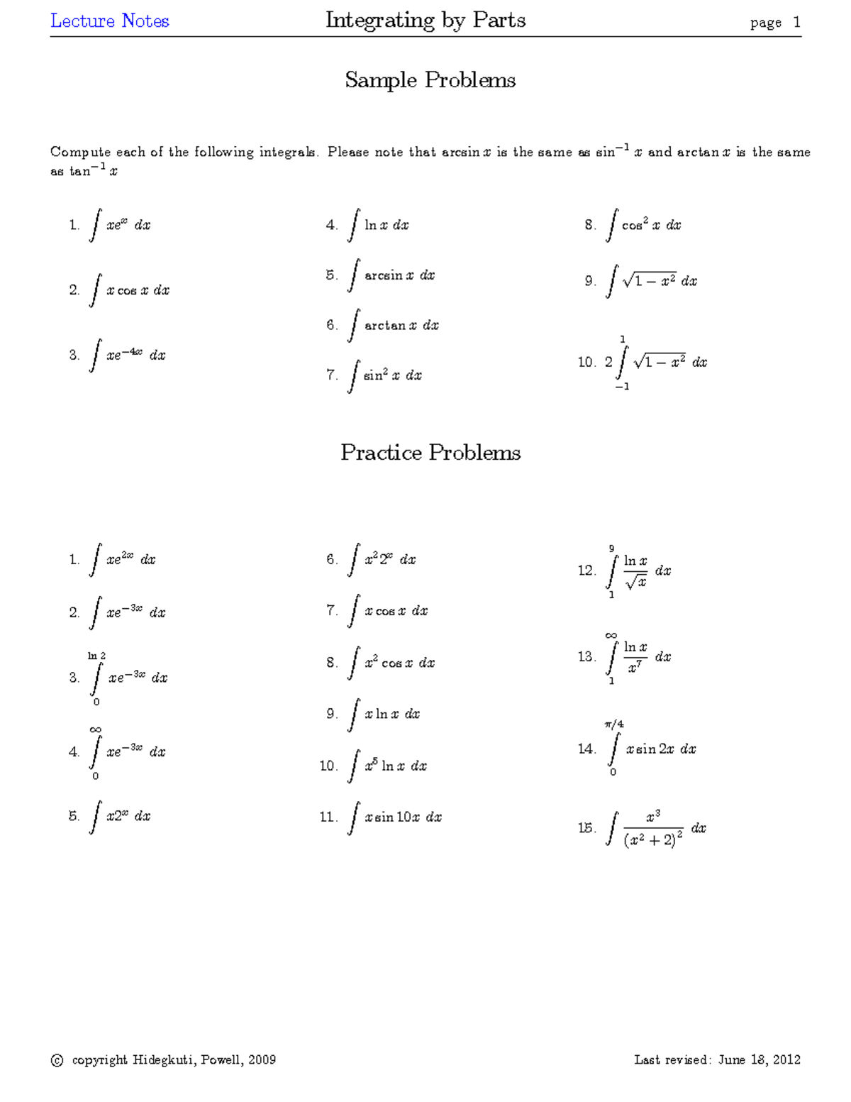 Integration BY Parts - notes for class - Sample Problems Compute each ...