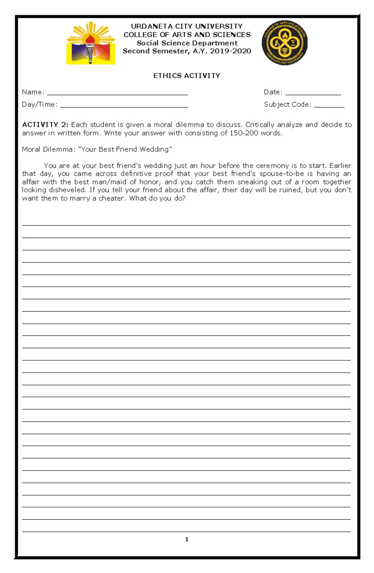 Ethics-Activity-2 - Ethics-Activity-2 - URDANETA CITY UNIVERSITY ...