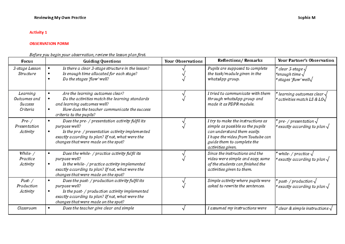 Activity 1 Observation Form Sophia LP 1 Feedback frm Pang - Reviewing ...