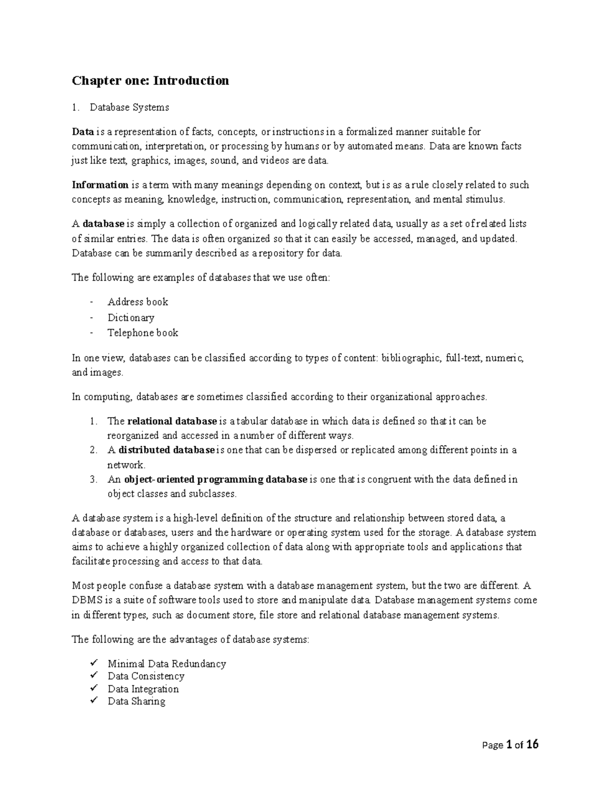 Chapter 1 - Addis Ababa University - Chapter one: Introduction 1. Database Systems Data is a ...
