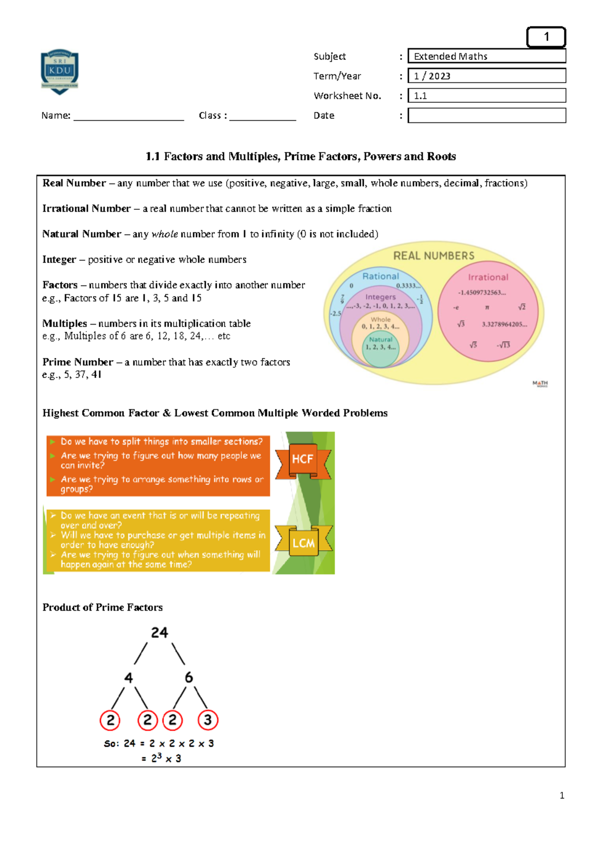 1 Factors Multiples Primes WS - Subject : Extended Maths Term/Year : 1 ...