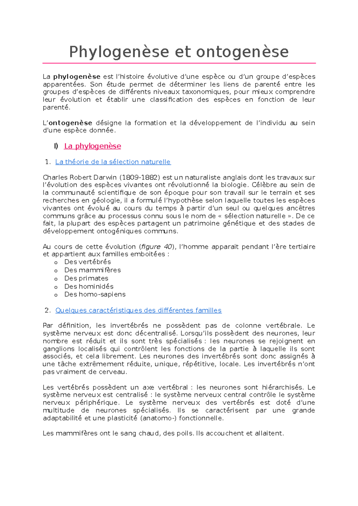 Chapitre X - Phylogenèse et ontogenèse - Phylogenèse et ontogenèse La ...