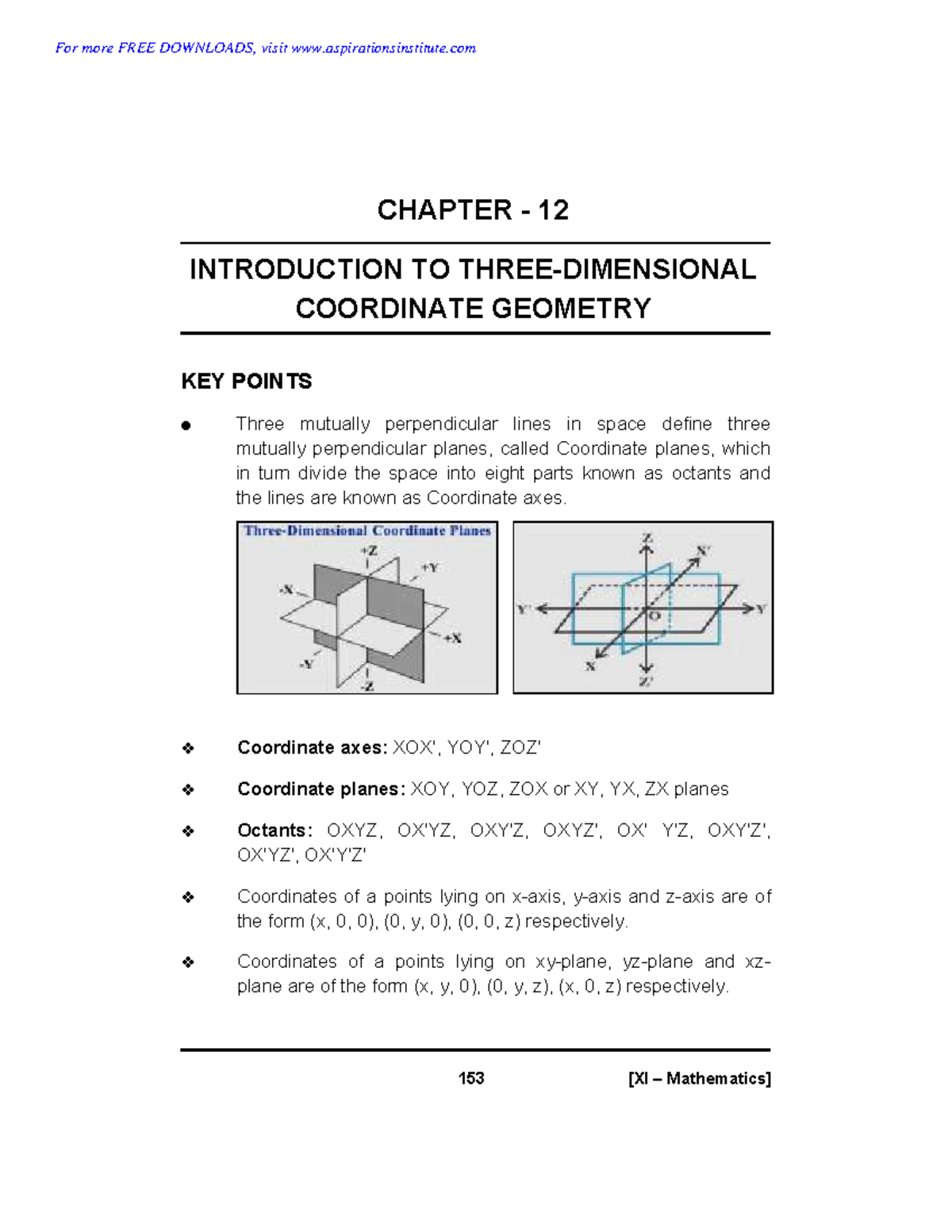 11 Maths Three Dimensional Coordinate Geometry Notes Assignments ...