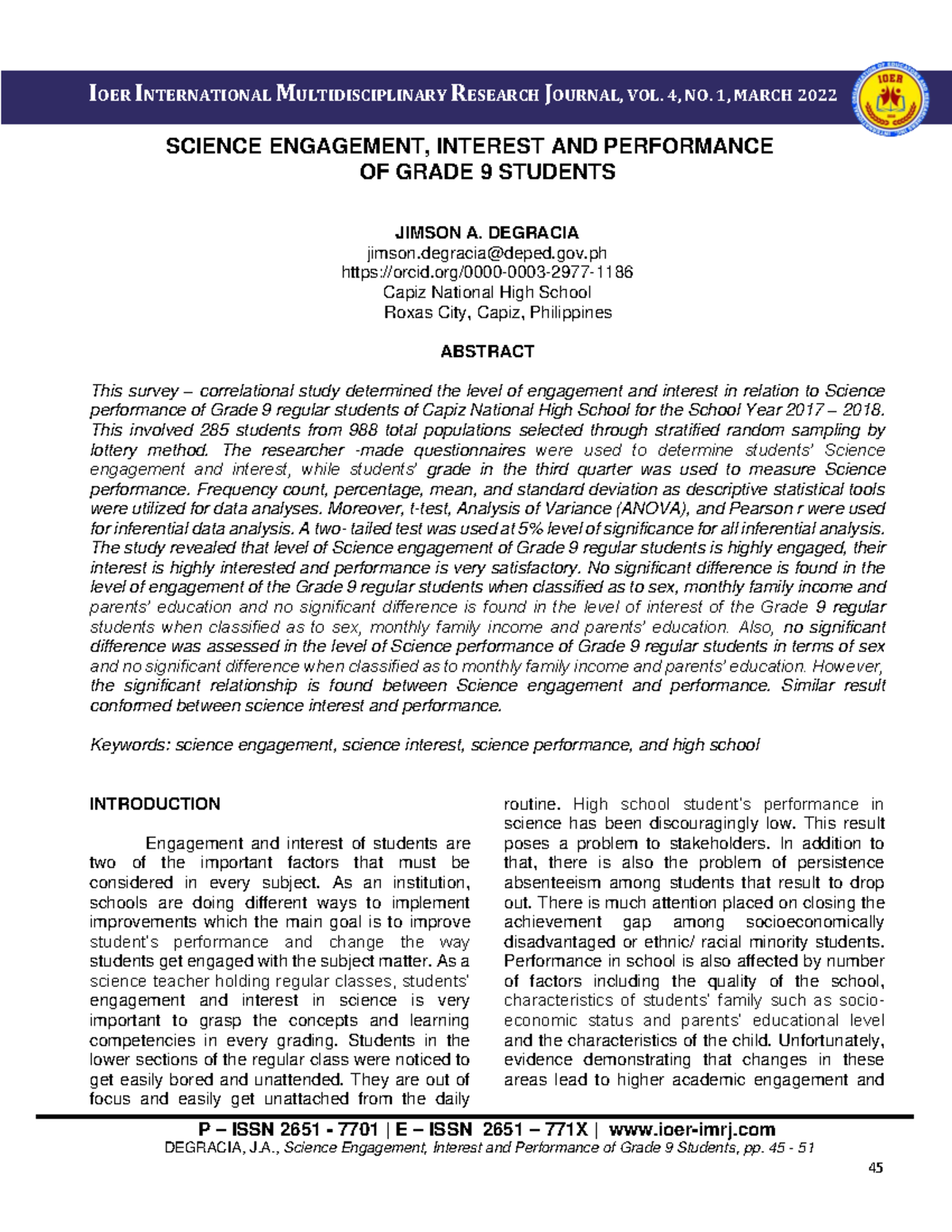 Science Engagement Interest and Performance of Gra - P – ISSN 2651 ...