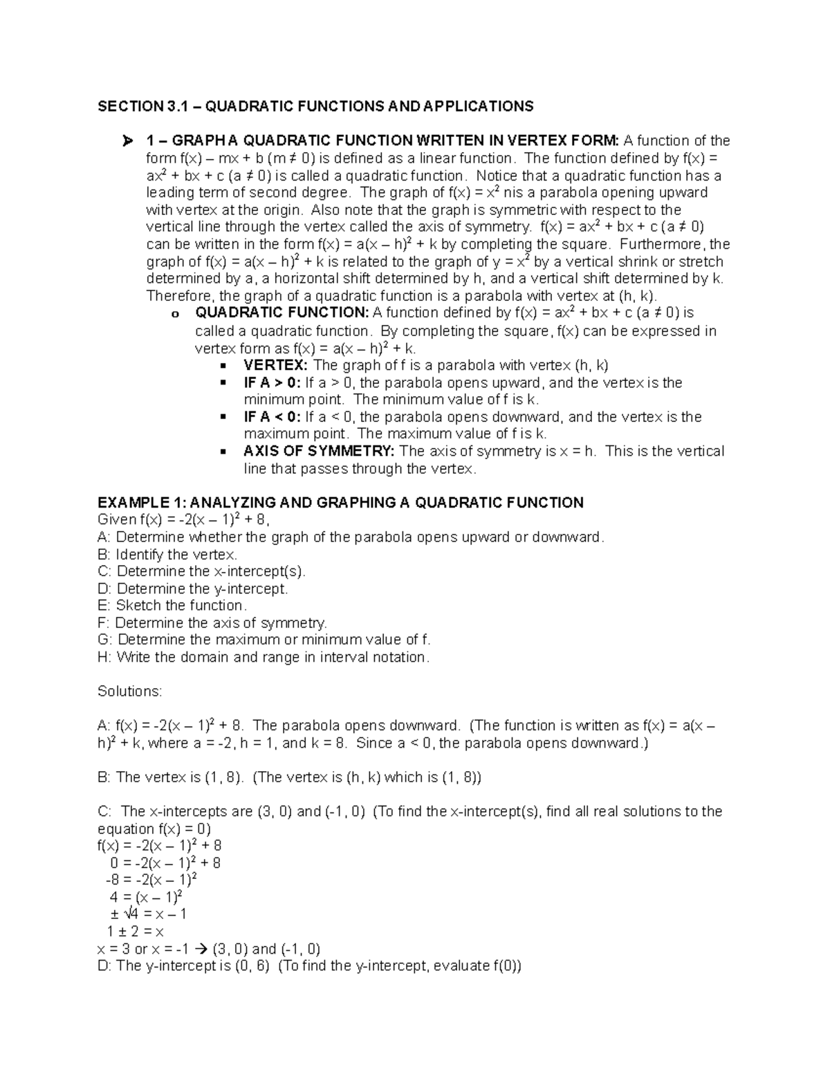Section 3 - SECTION 3 – QUADRATIC FUNCTIONS AND APPLICATIONS 1 – GRAPH ...