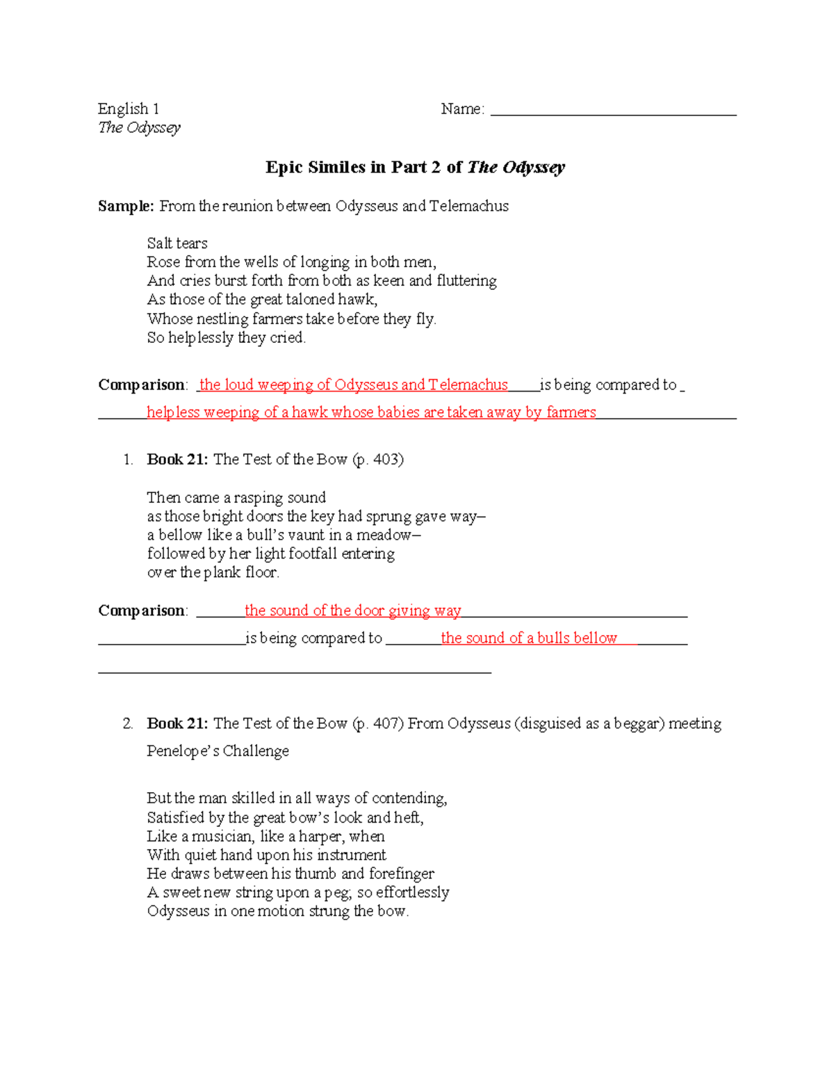 Copy of Epic Similes Part 2 - English 1 Name: The Odyssey Epic Similes ...