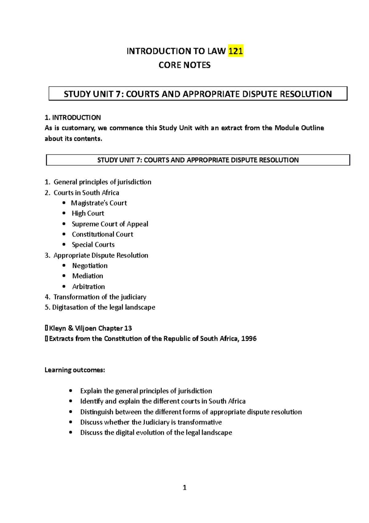 2020 ILL121 CORE Notes Study UNIT 07 Courts ADR Lecture Notes Final. 22 ...