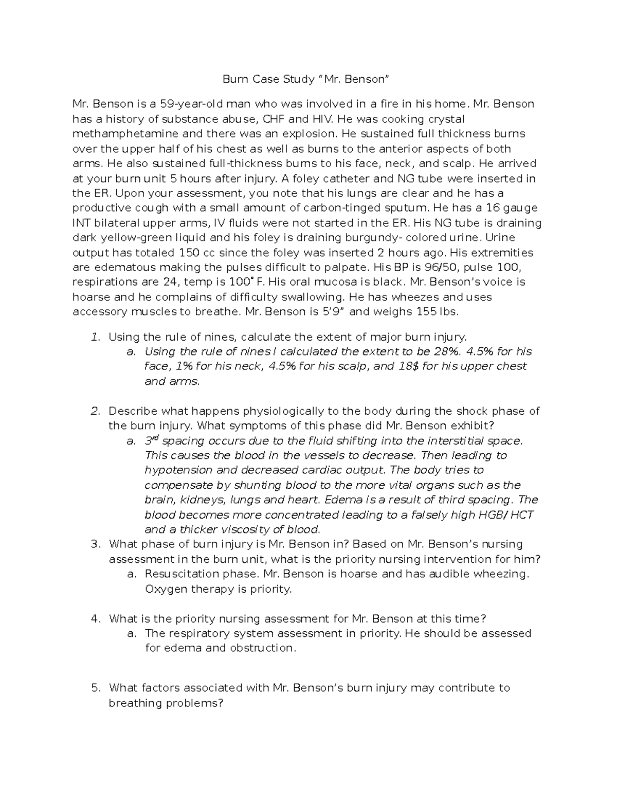 Burn Case Study - Benson” Mr. Benson is a 59-year-old man who was ...