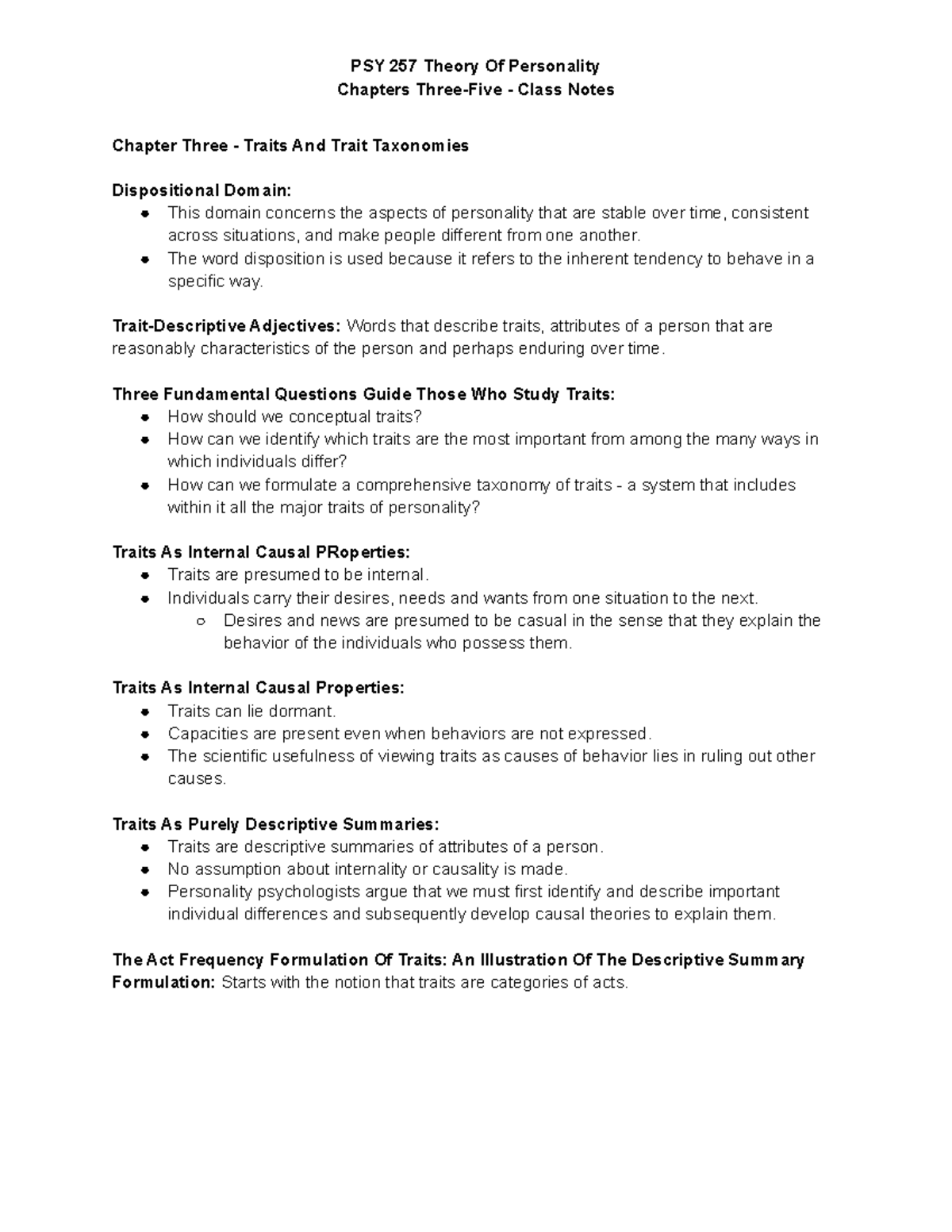 PSY 257 Chapters 3-5 - Chapters Three-Five - Class Notes Chapter Three ...