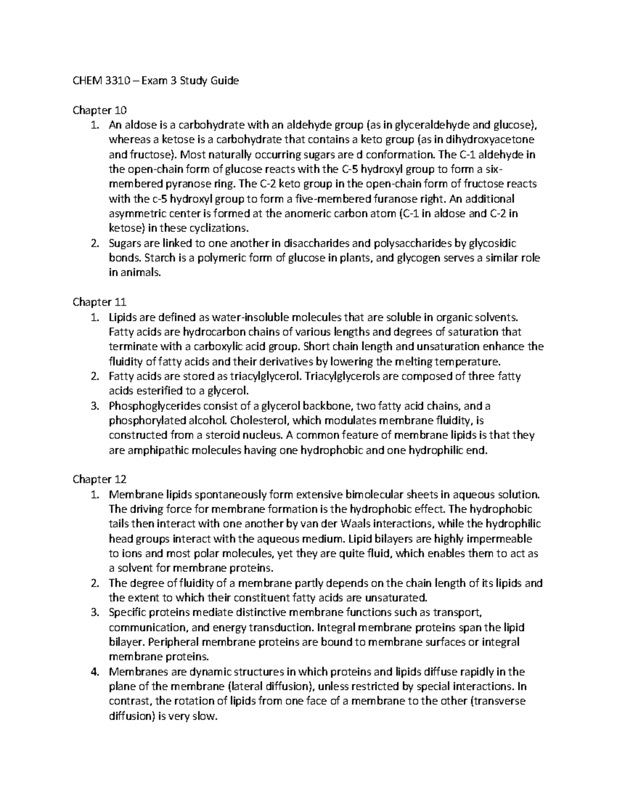 Biochem Exam 3 - Exam 3 important topics - CHEM 3310 – Exam 3 Study ...