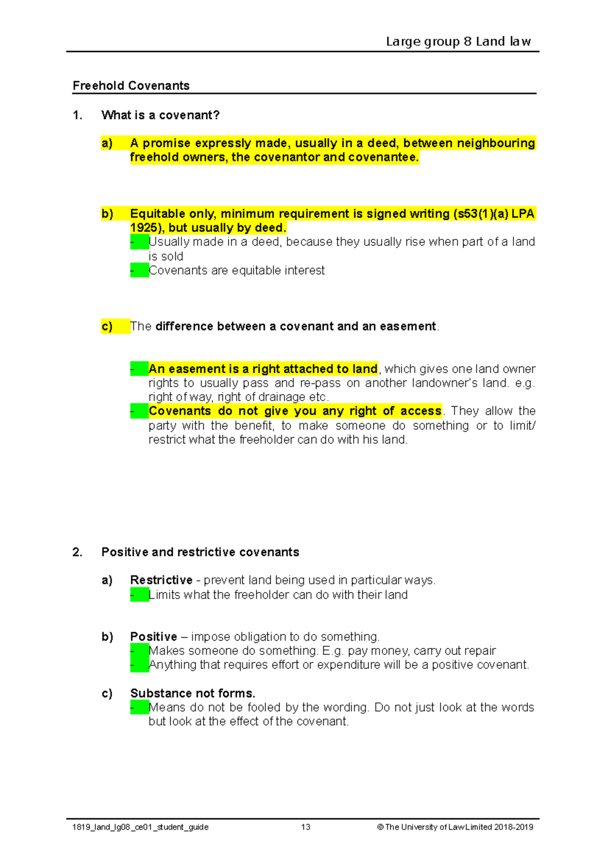 Large group 8 notes - Large group 8 Land law Freehold Covenants 1. What ...