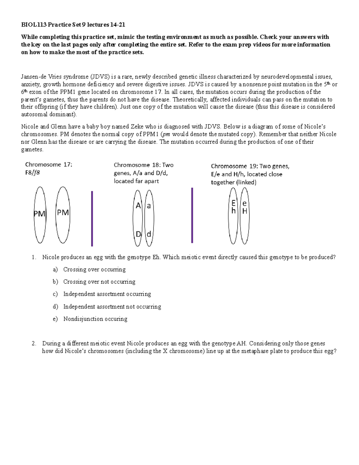 Bio pratice set 9 - exam practice set - BIOL113 Practice Set 9 lectures ...