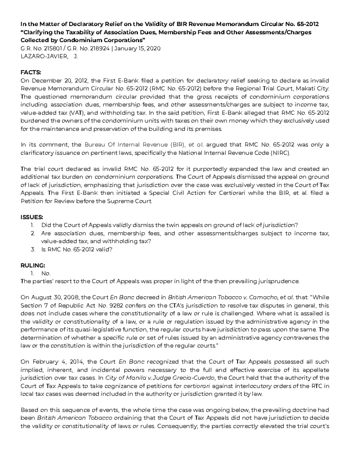 In the Matter of Declaratory Relief on the Validity of BIR Revenue ...