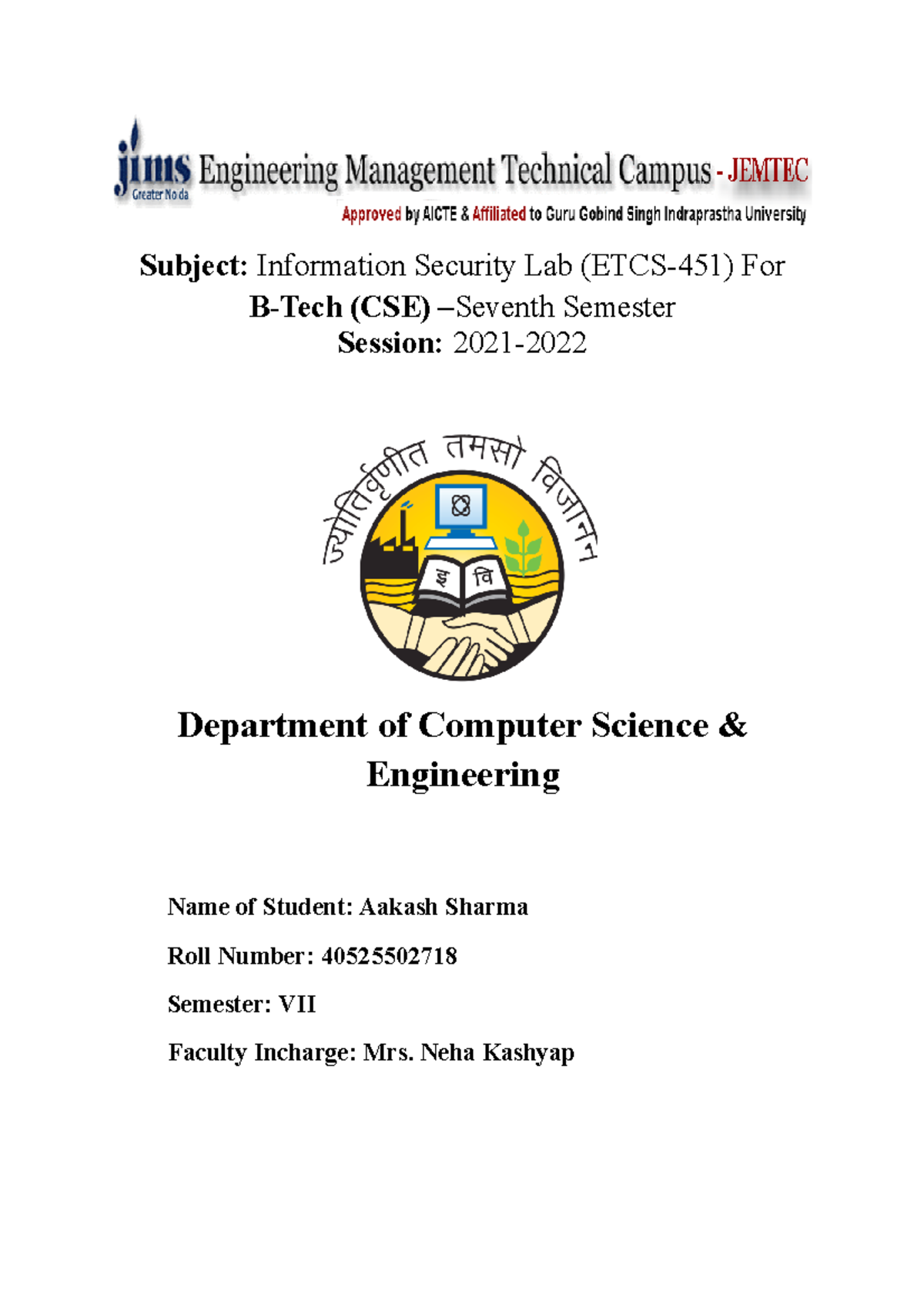 Information Security Aakash - Subject: Information Security Lab For ...