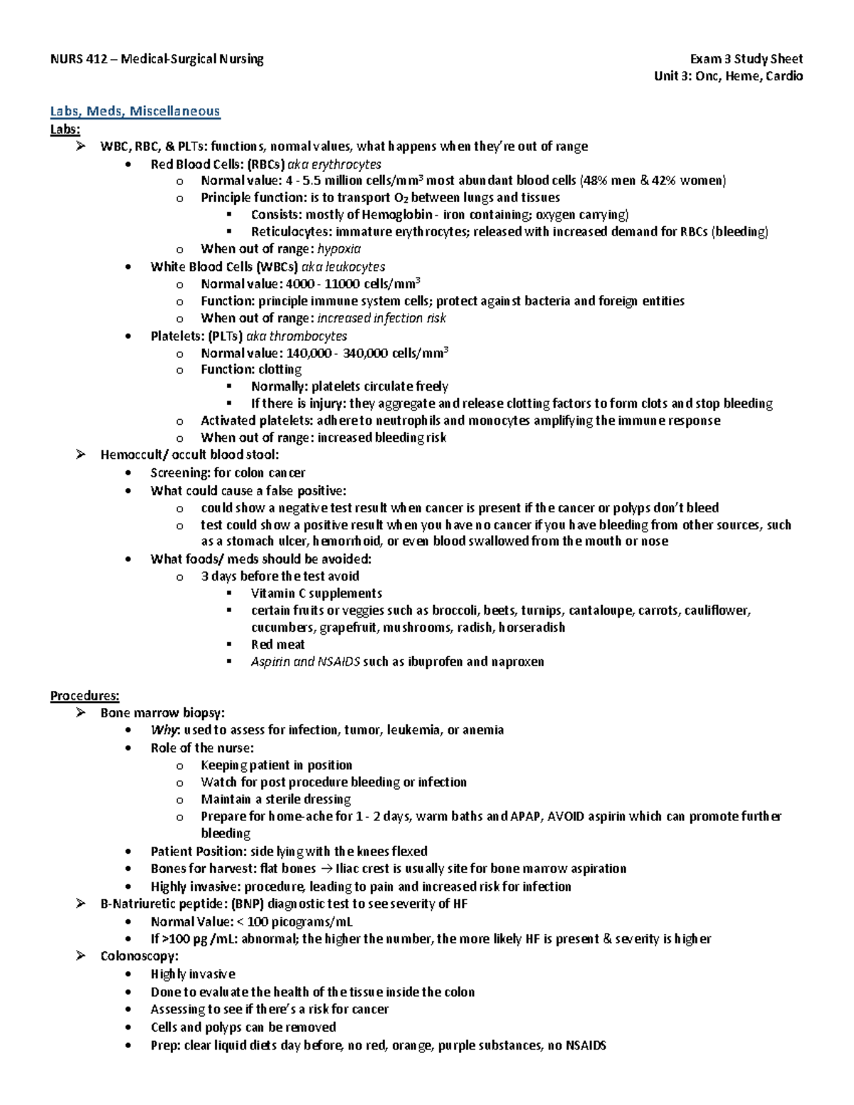 NURS 412 Exam 3 Study Sheet Unit 3 - NURS 412 – Medical-Surgical ...