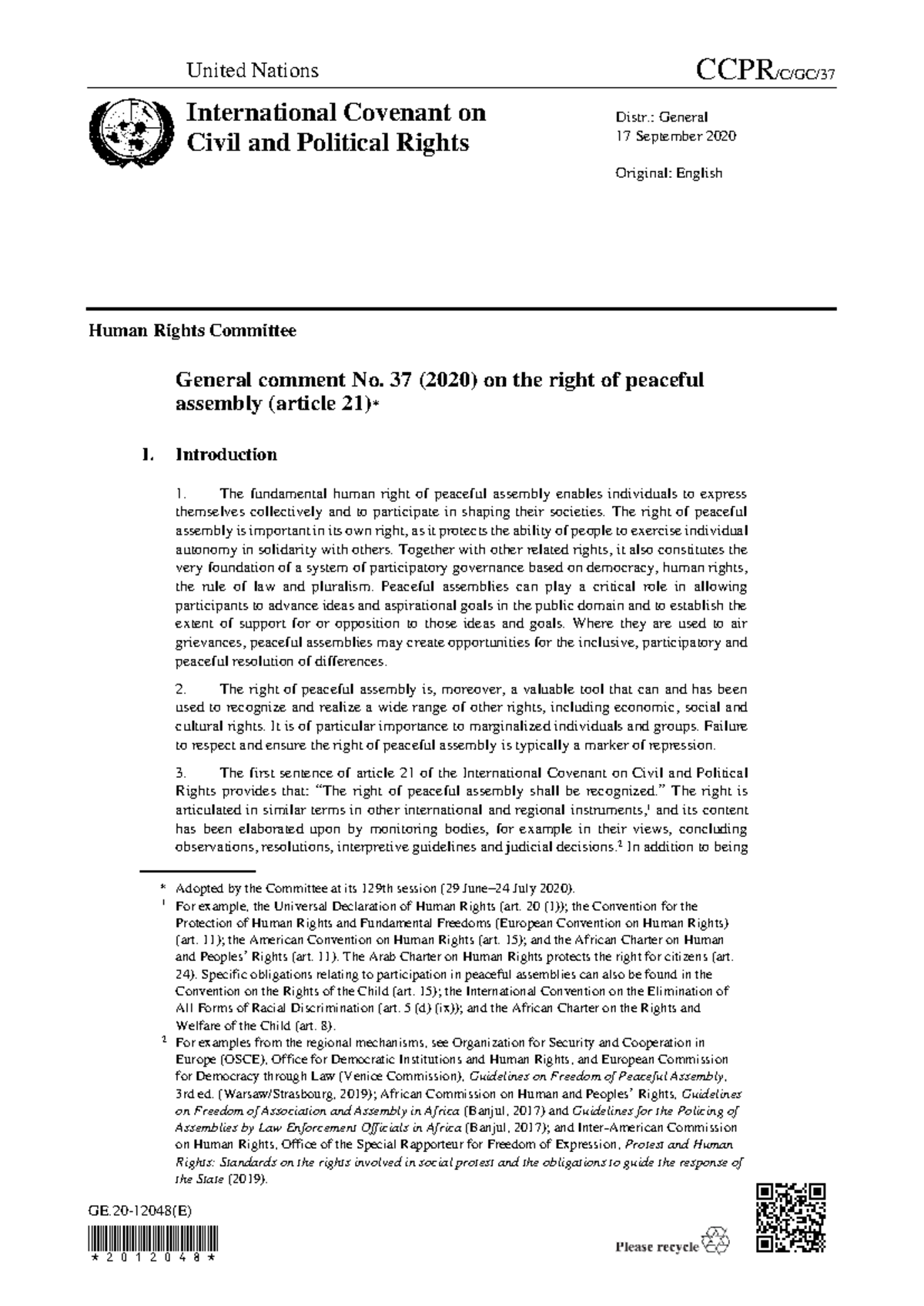 General comment No. 37 2020 on the right of peaceful assembly - GE ...