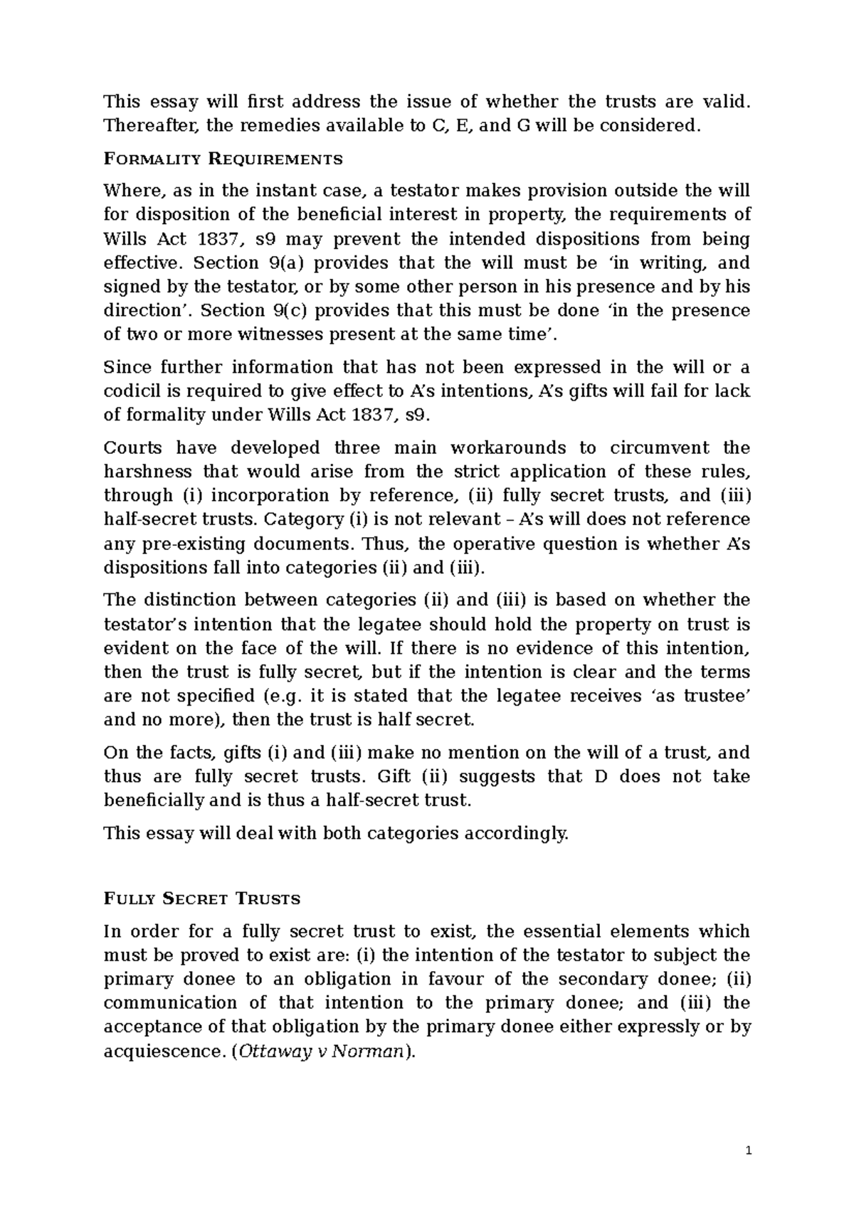 Secret trust PQ - This essay will first address the issue of whether ...
