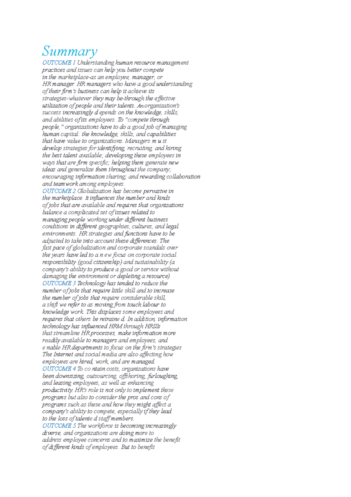 Summary - textbook note - Summary OUTCOME 1 Understanding human ...
