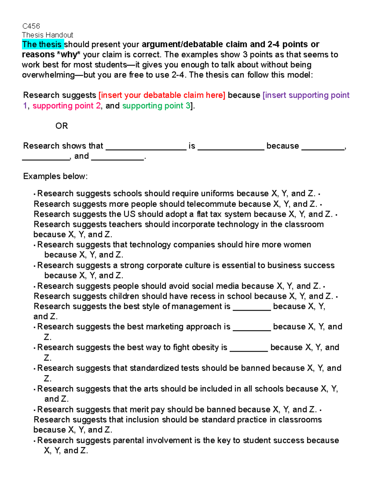 C456 Thesis Handout - C Thesis Handout The thesis should present your ...