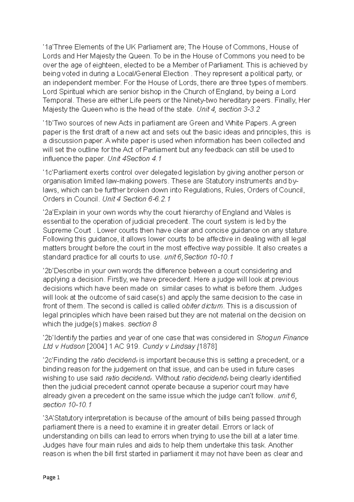 W101 TMA 01 - ‘1a’Three Elements of the UK Parliament are; The House of ...