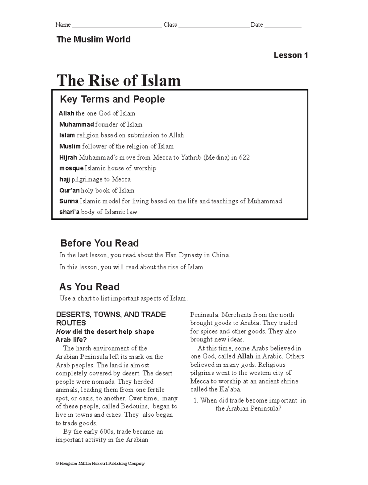 The Muslim World, Lesson 1 Guided Reading Workbook - Name ...