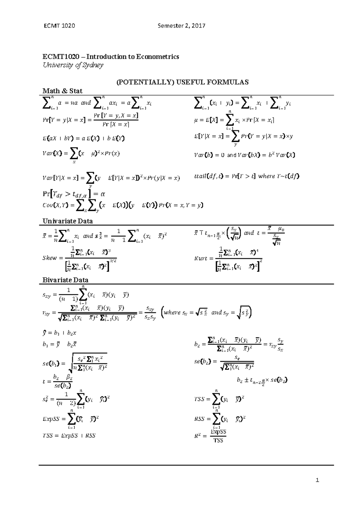 Formula and Table - ECMT1020 - ECMT 1020 Semester 2, 2017 ECMT1020 Introduction to Econometrics ...