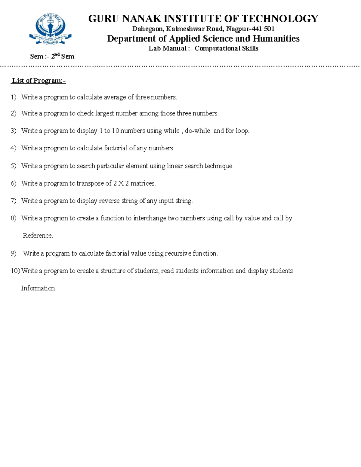 Lab Manual computational skills - GURU NANAK INSTITUTE OF TECHNOLOGY Dahegaon, Kalmeshwar Road ...